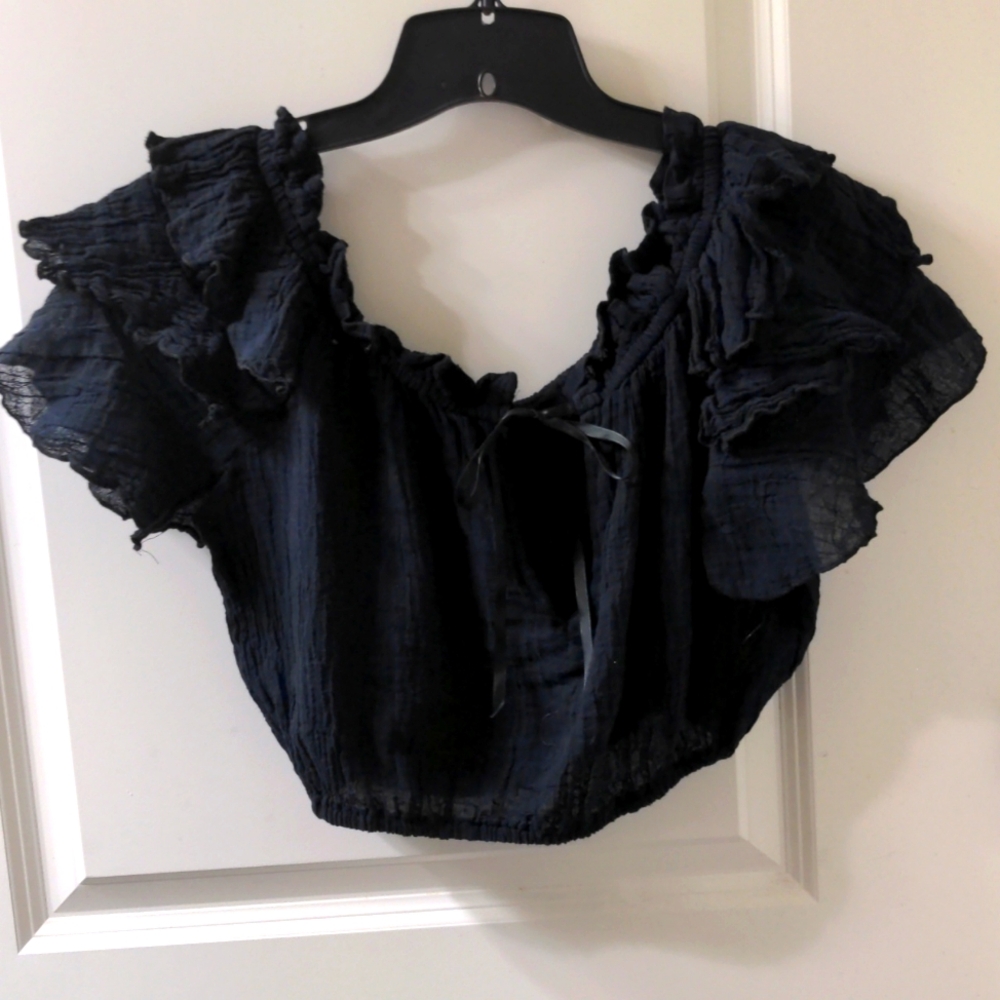 Black Peasant Crop Top Sheer Lightweight Renaissance … - Gem